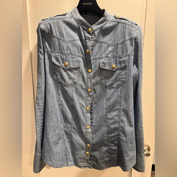 Balmain | Tops | Balmain Blue Denim Shirt With Gold Buttons | Poshmark